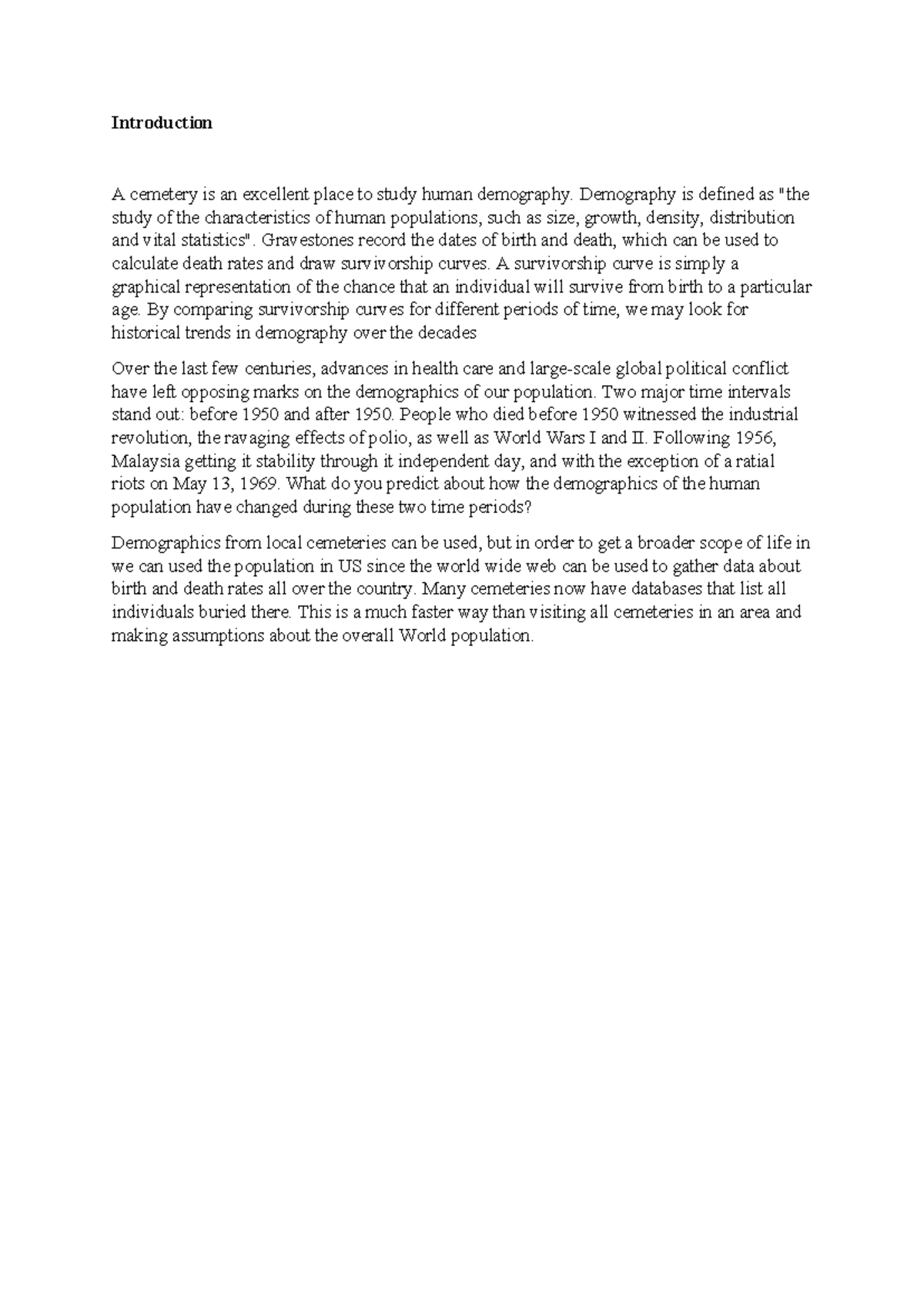 LAB BIO 330 1 - lab report - Introduction A cemetery is an excellent ...