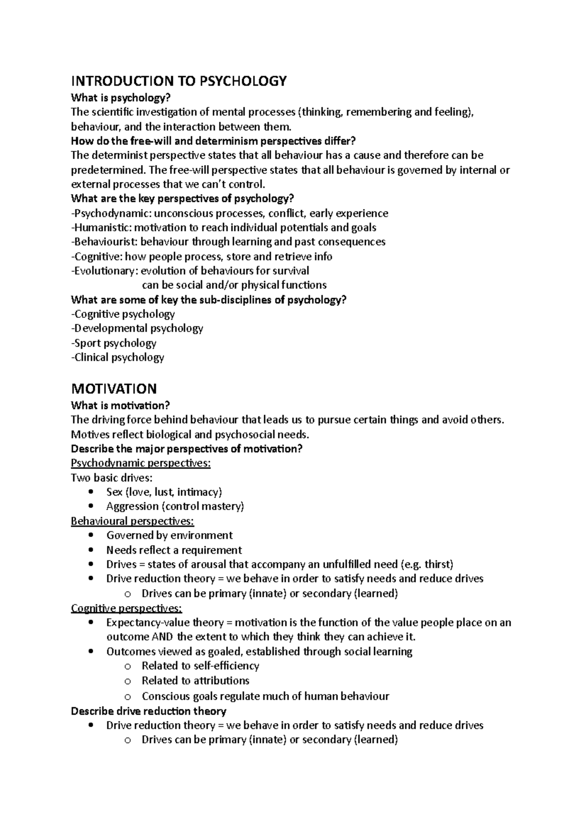 PSY EXAM Notes - INTRODUCTION TO PSYCHOLOGY What is psychology? The ...