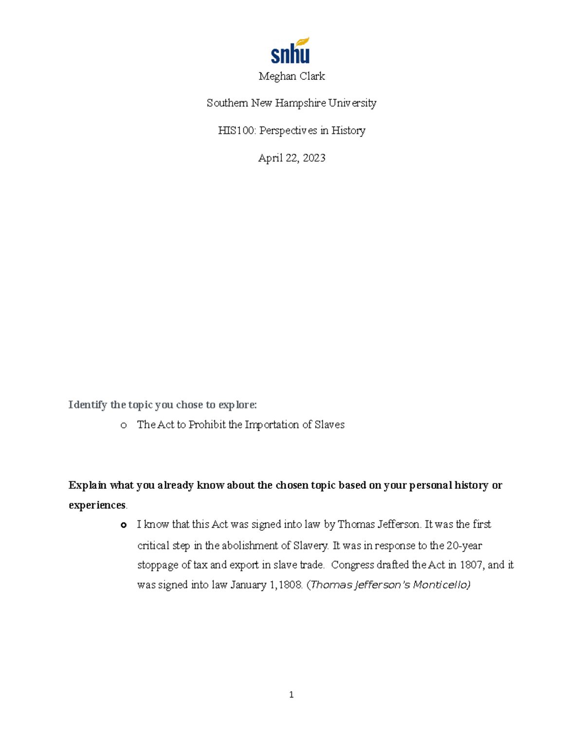 HIS 100 Module One Activity Template May 22 - Meghan Clark Southern New ...