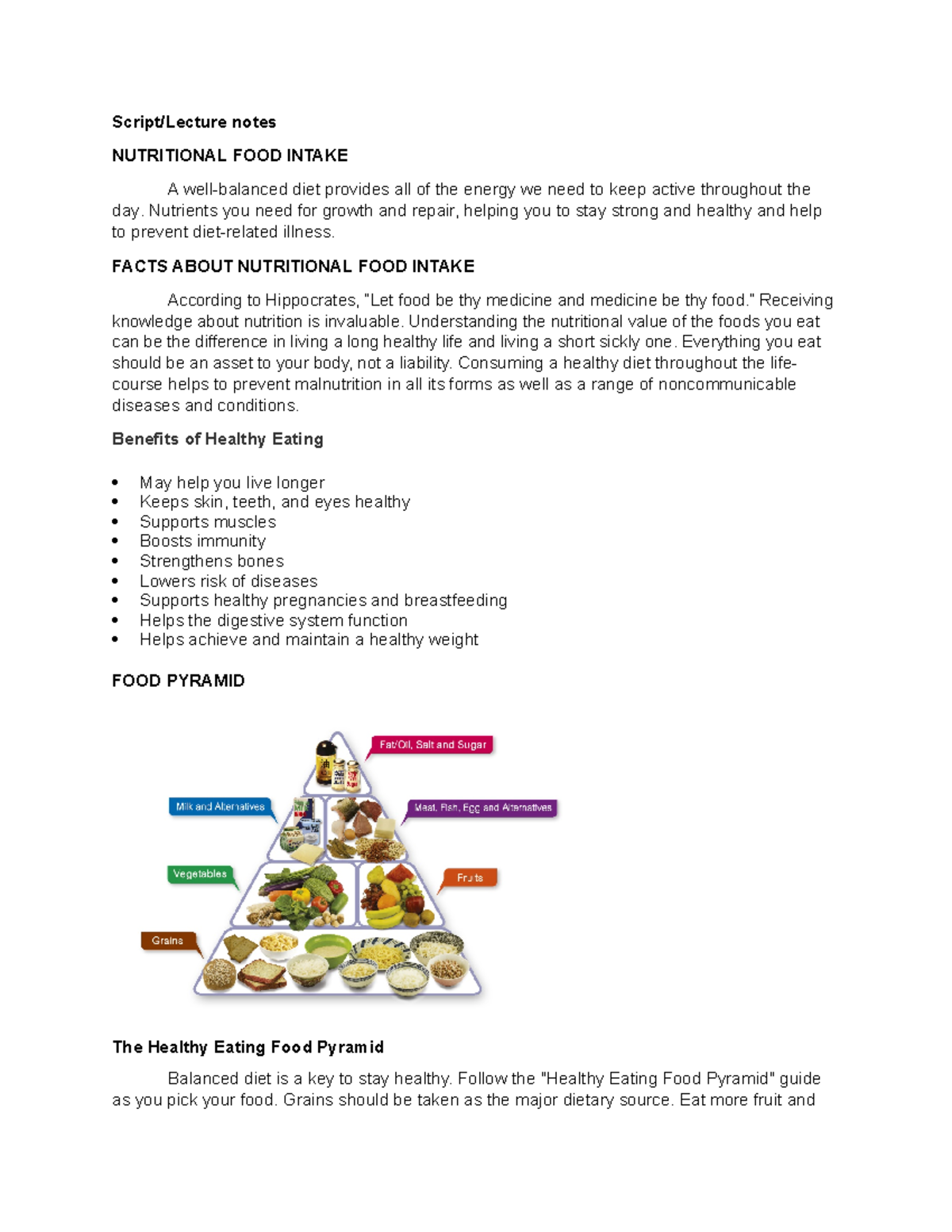 Bingo game lecture notes - Script/Lecture notes NUTRITIONAL FOOD INTAKE ...