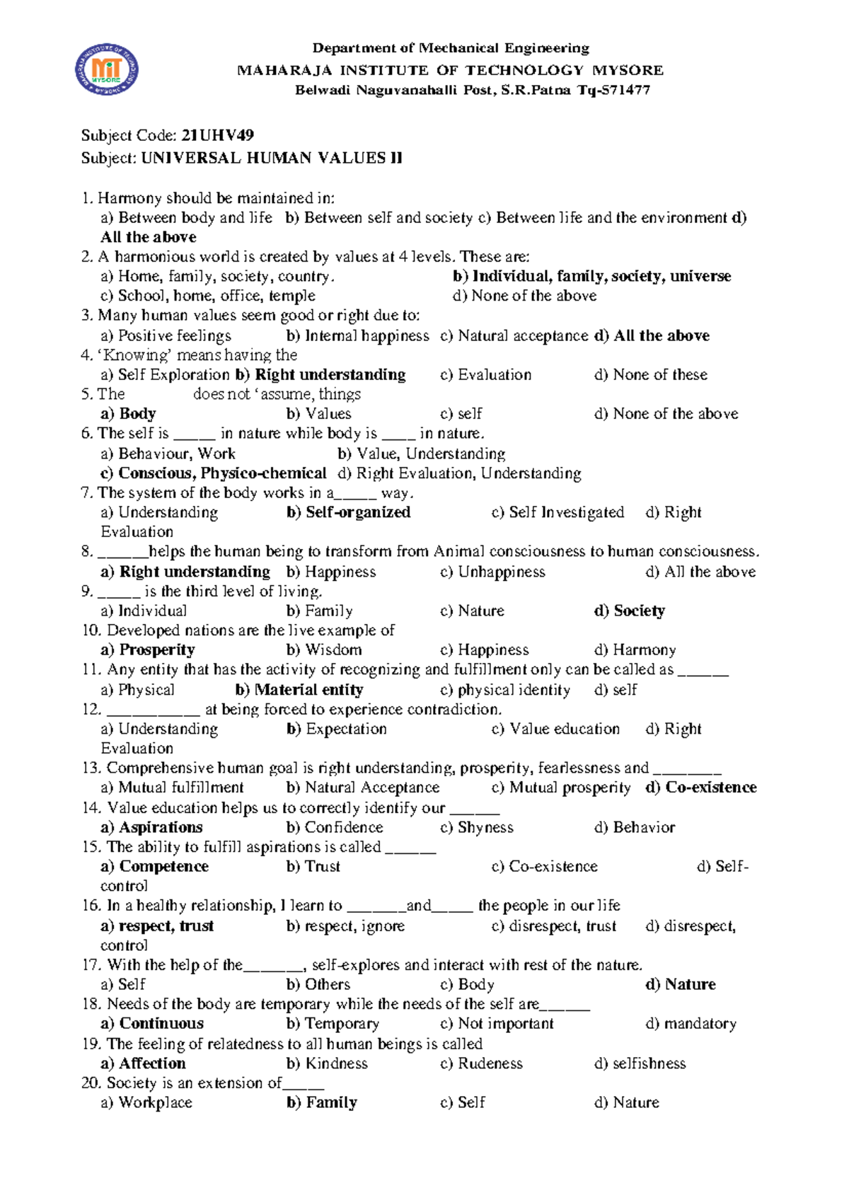 UHV II Important questions - Department of Mechanical Engineering ...