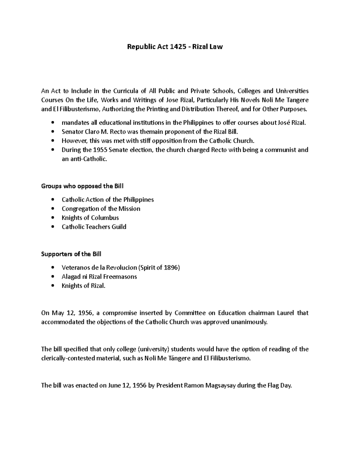Republic Act 1425 - Republic Act 1425 - Rizal Law An Act to Include in ...