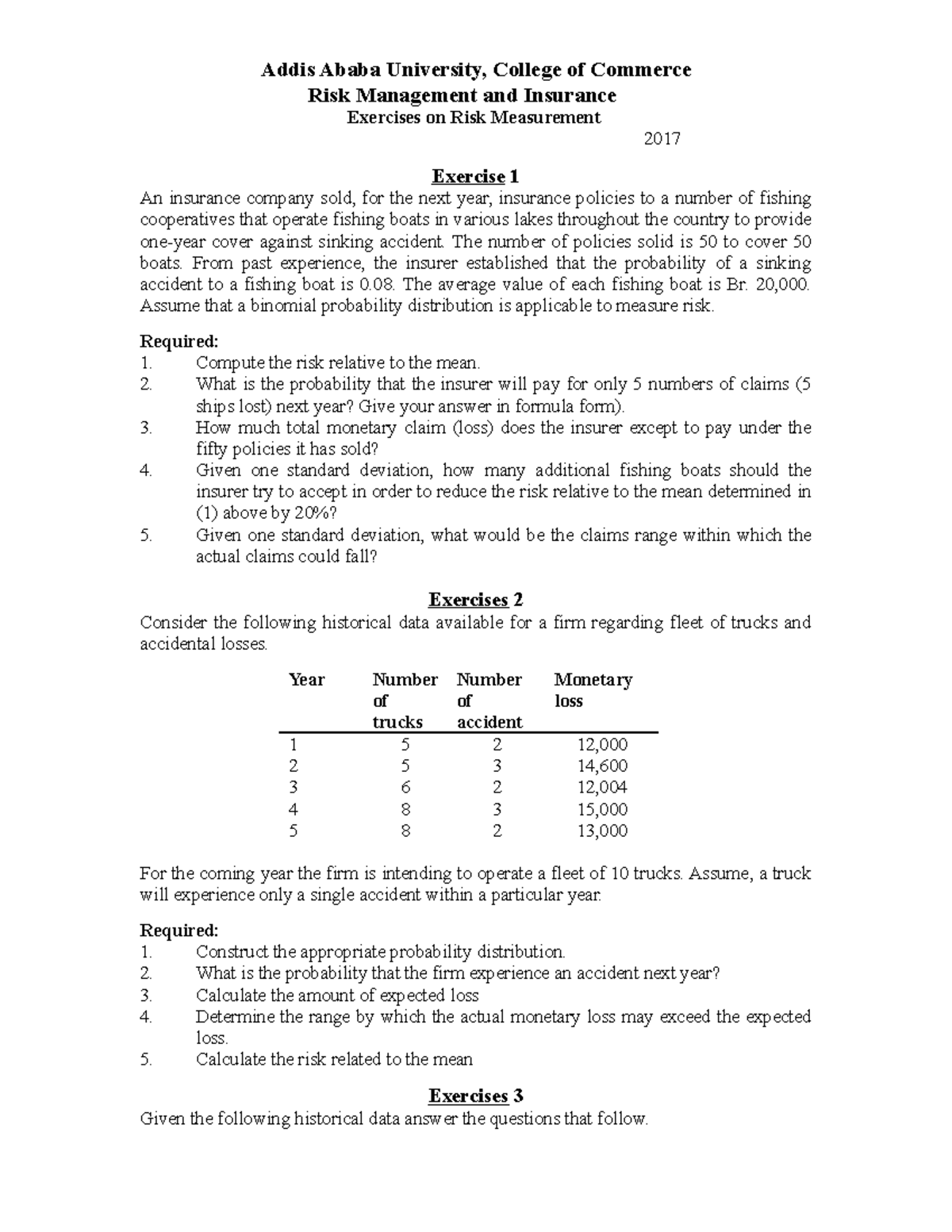 Worksheet - Addis Ababa University, College of Commerce Risk Management ...