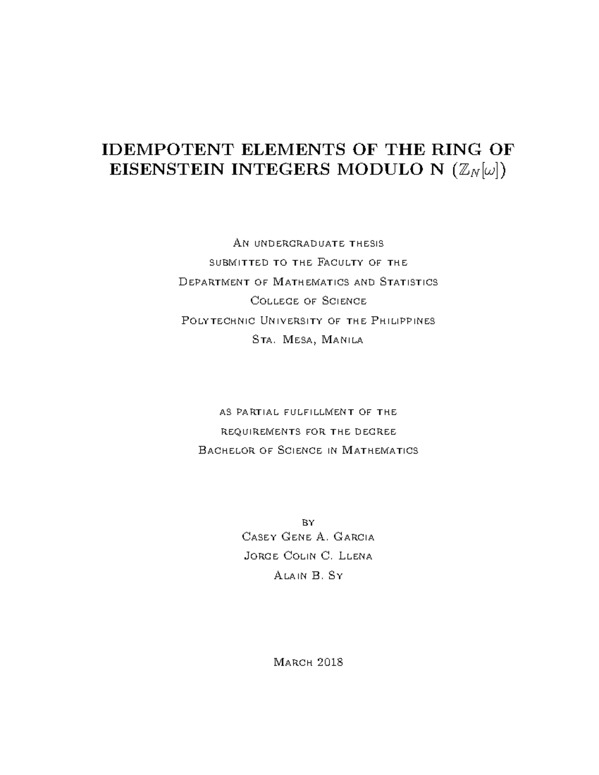Idempotent Elements of The Ring of Eisenstein Integers Modulo N ...