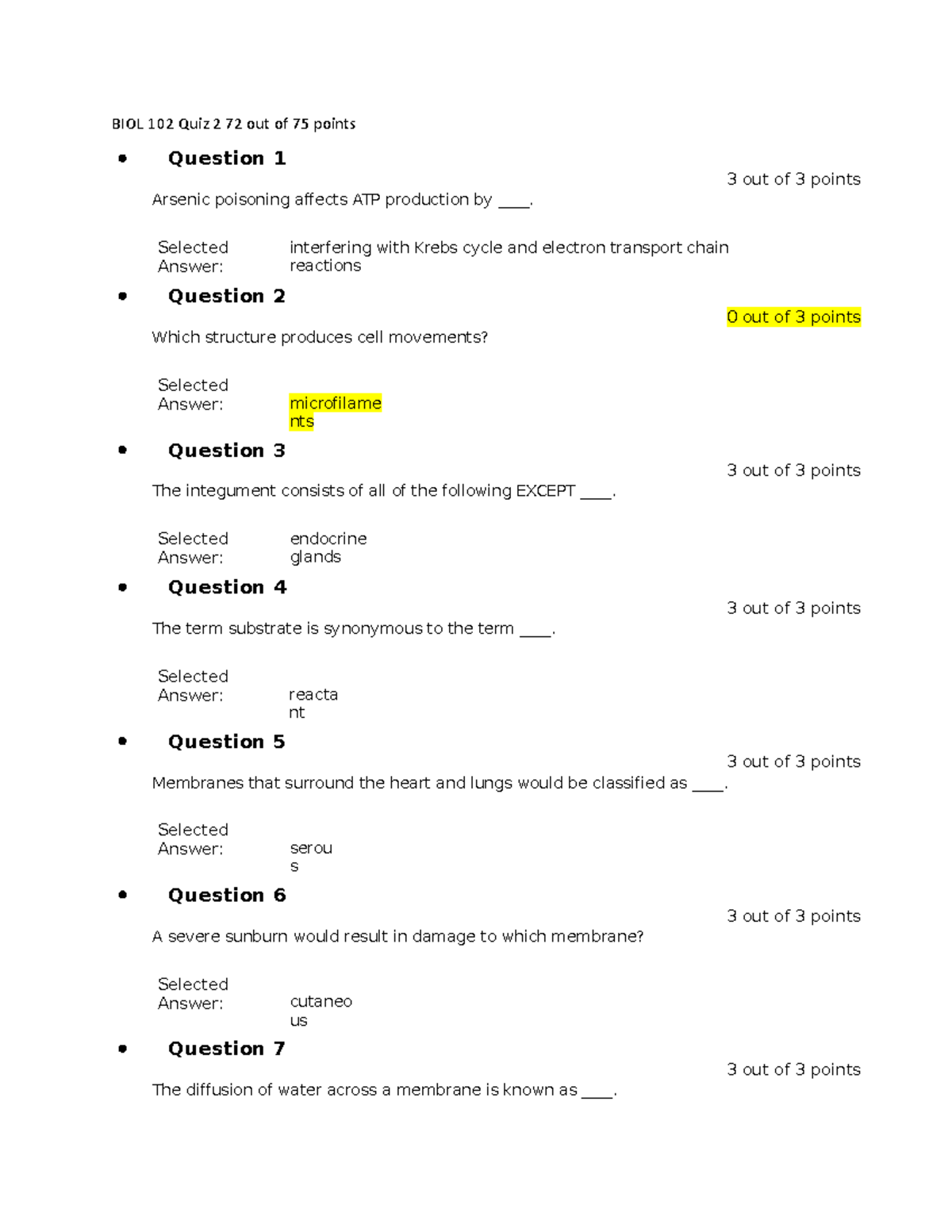 Biol 102 Quiz 2 Chapter 2 Quiz And Answers Biol 102 Quiz 2 72 Out