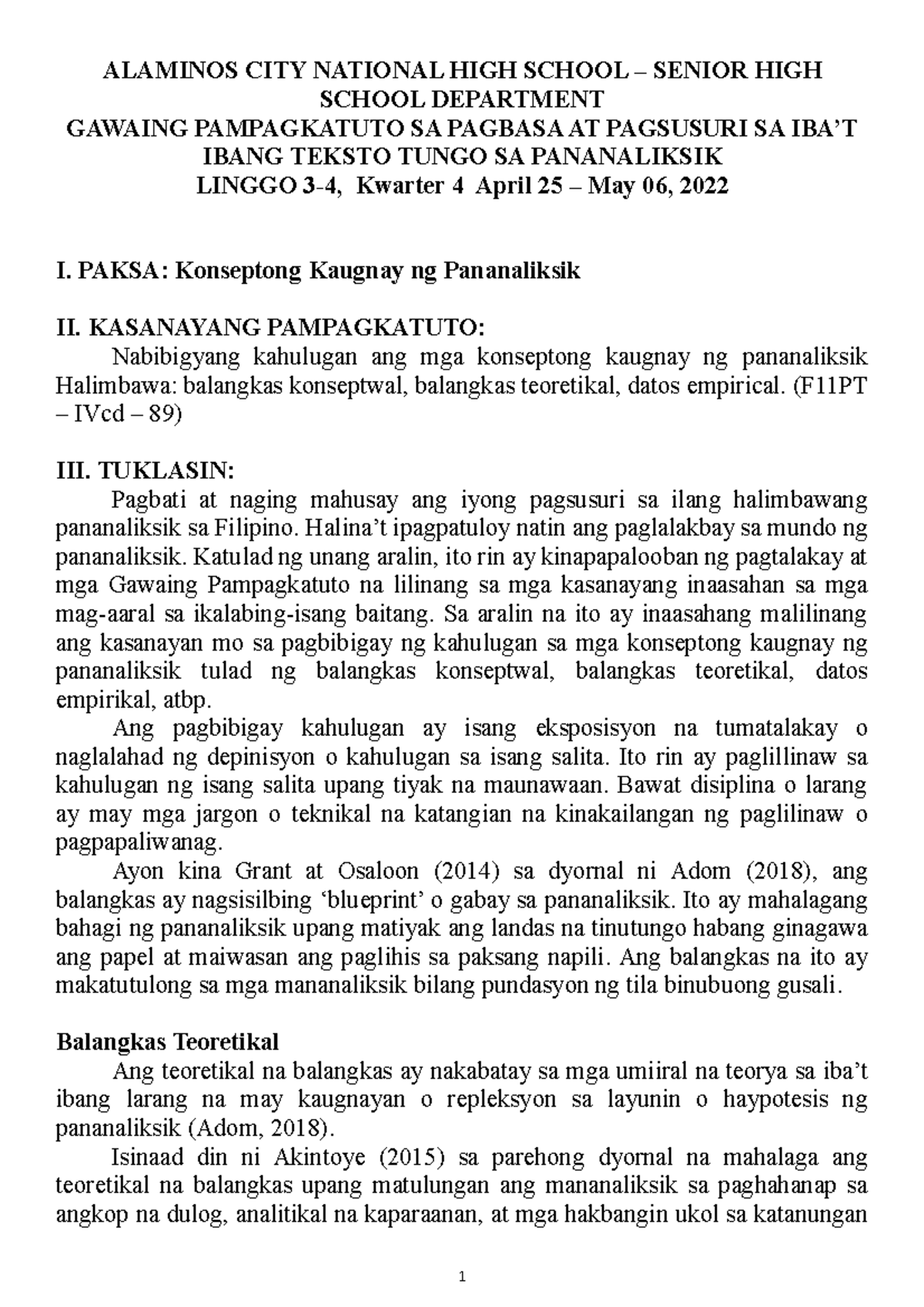 Activity Sheets IN Pagbasa WEEK 3 4 Quarter 4G - ALAMINOS CITY NATIONAL ...