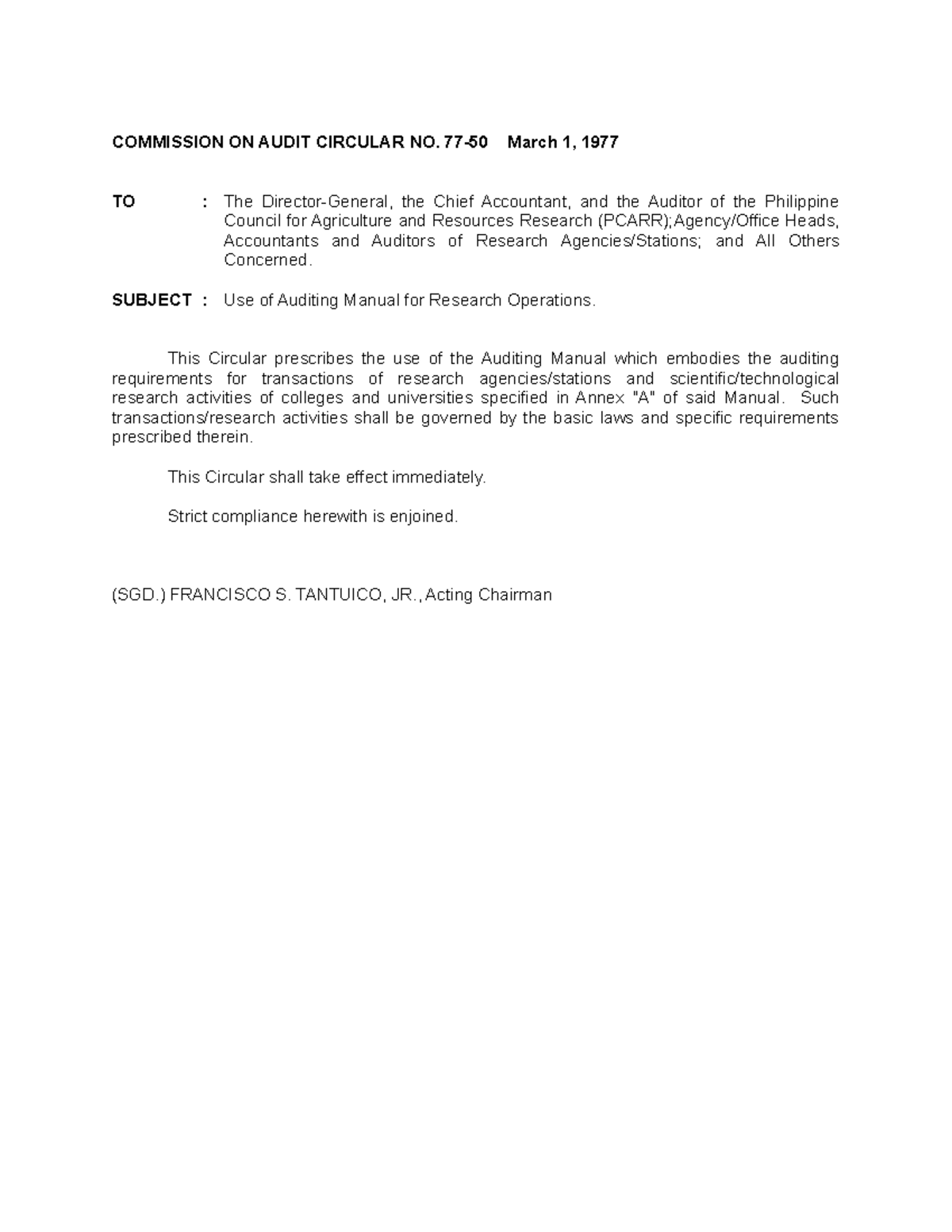 C77-50 - LAW - COMMISSION ON AUDIT CIRCULAR NO. 77-50 March 1, 1977 TO ...