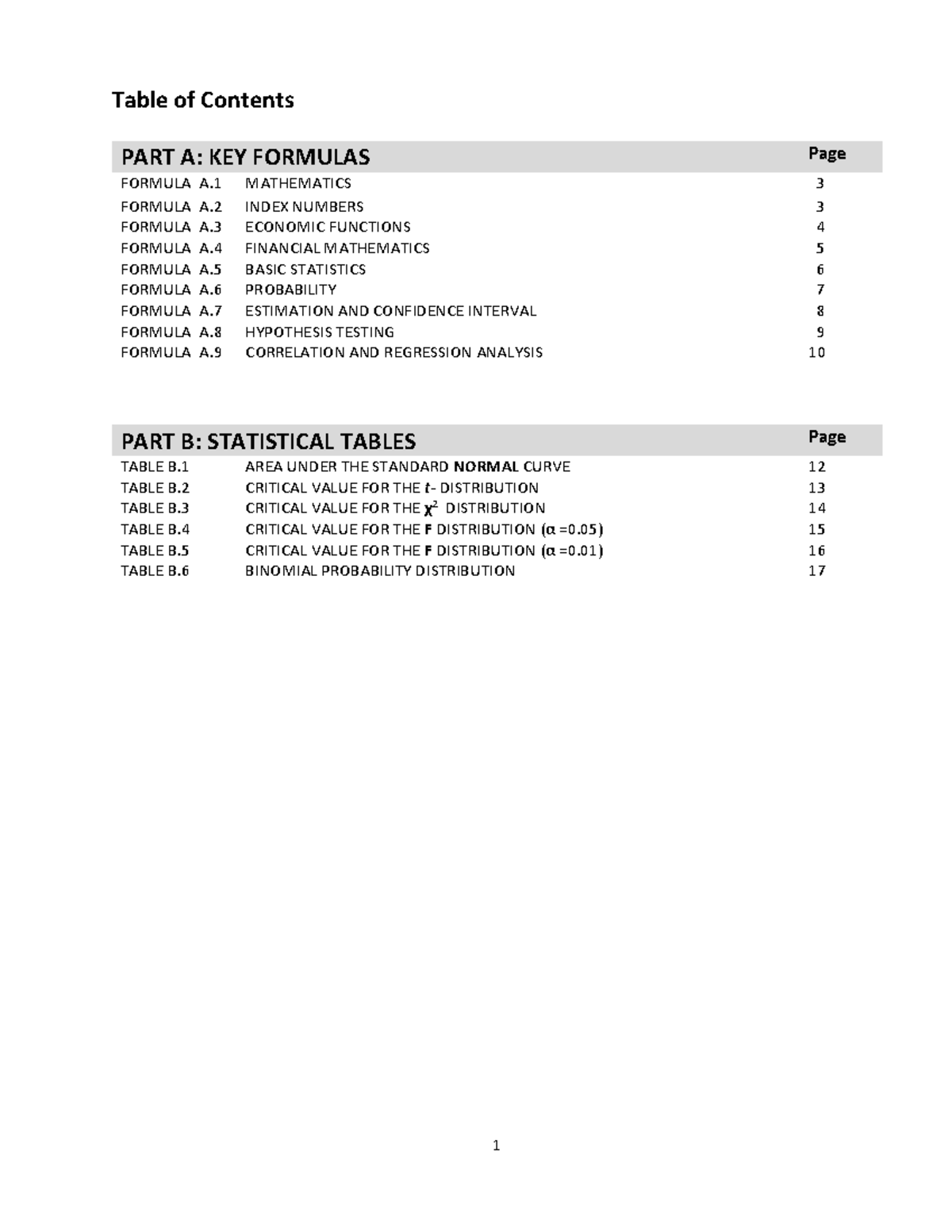 Stats Tables AND Formulas - Table of Contents PART A: KEY FORMULAS ...