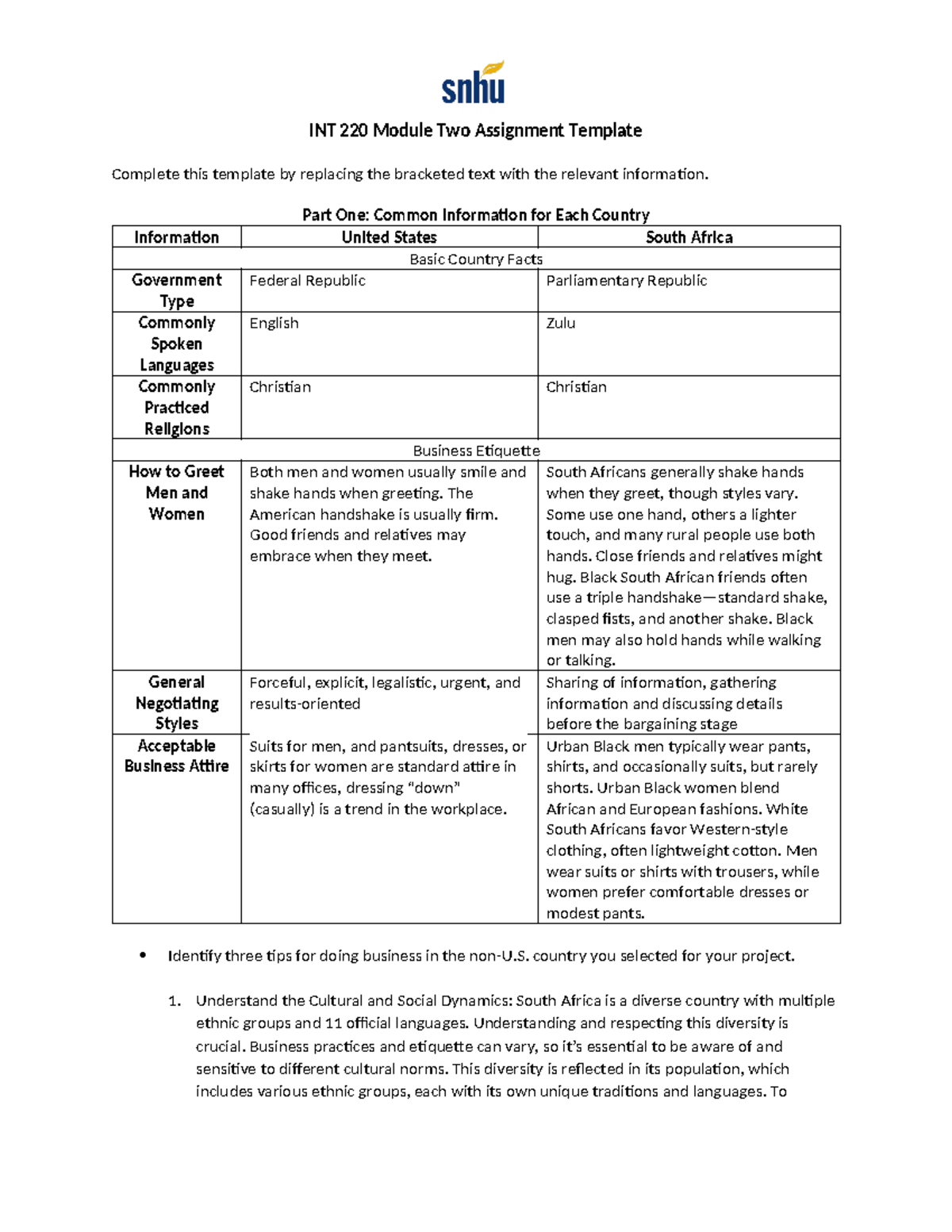 2-2 Assignment Cultural Comparisons - INT 220 Module Two Assignment Template Complete this ...