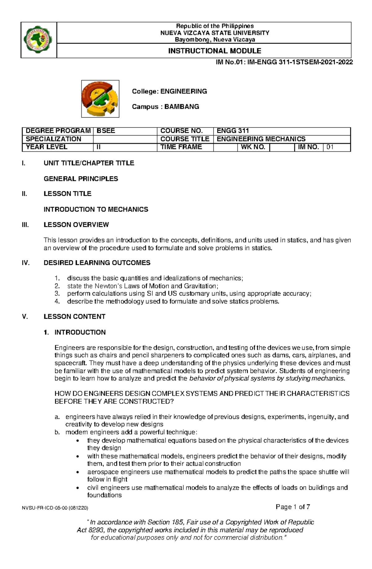 IM1 Engineering Mechanics - IM No: IM-ENGG 311-1STSEM-2021- NVSU-FR-ICD ...