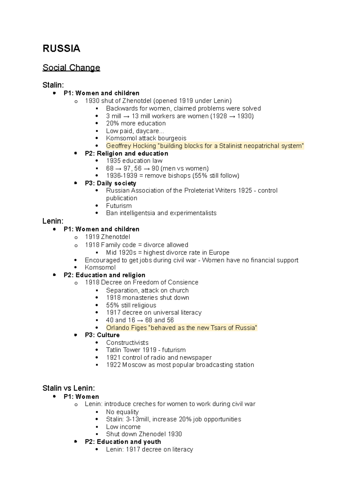 History Essay Plans - ...... - RUSSIA Social Change Stalin: P1: Women ...