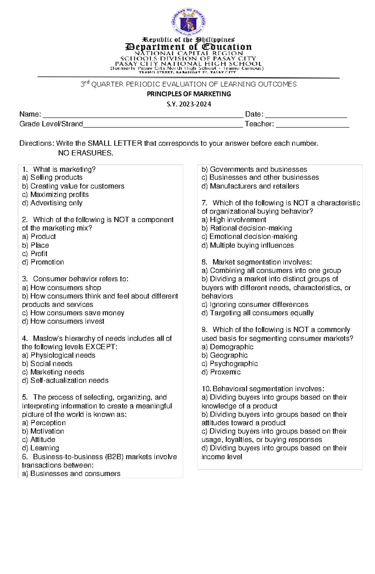 3rd Quarter Periodic Evaluation OF Learning Outcomes - 3 rd QUARTER PERIODIC EVALUATION OF ...