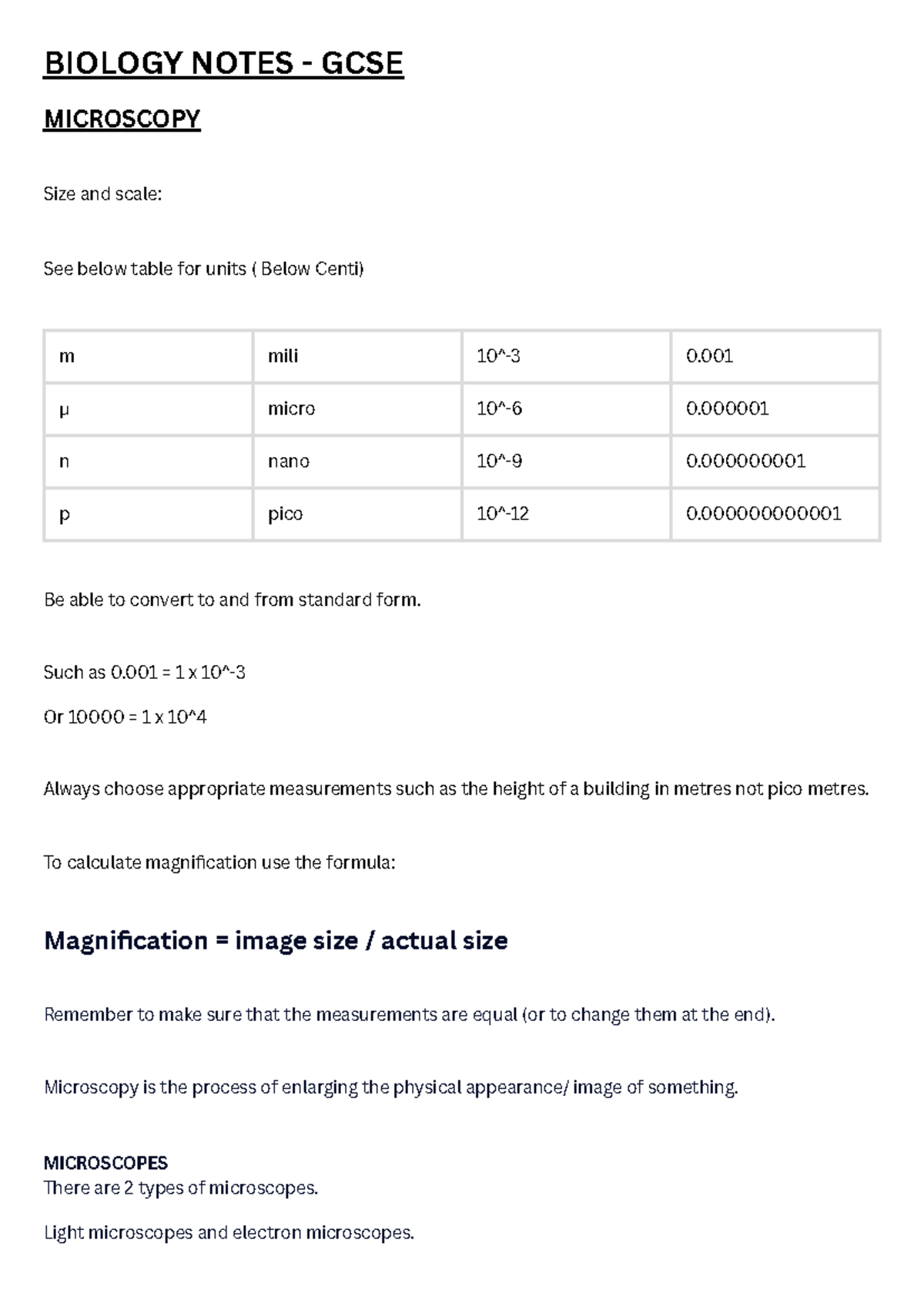 Microscopy - no thank you - BIOLOGY NOTES - GCSE MICROSCOPY Size and ...
