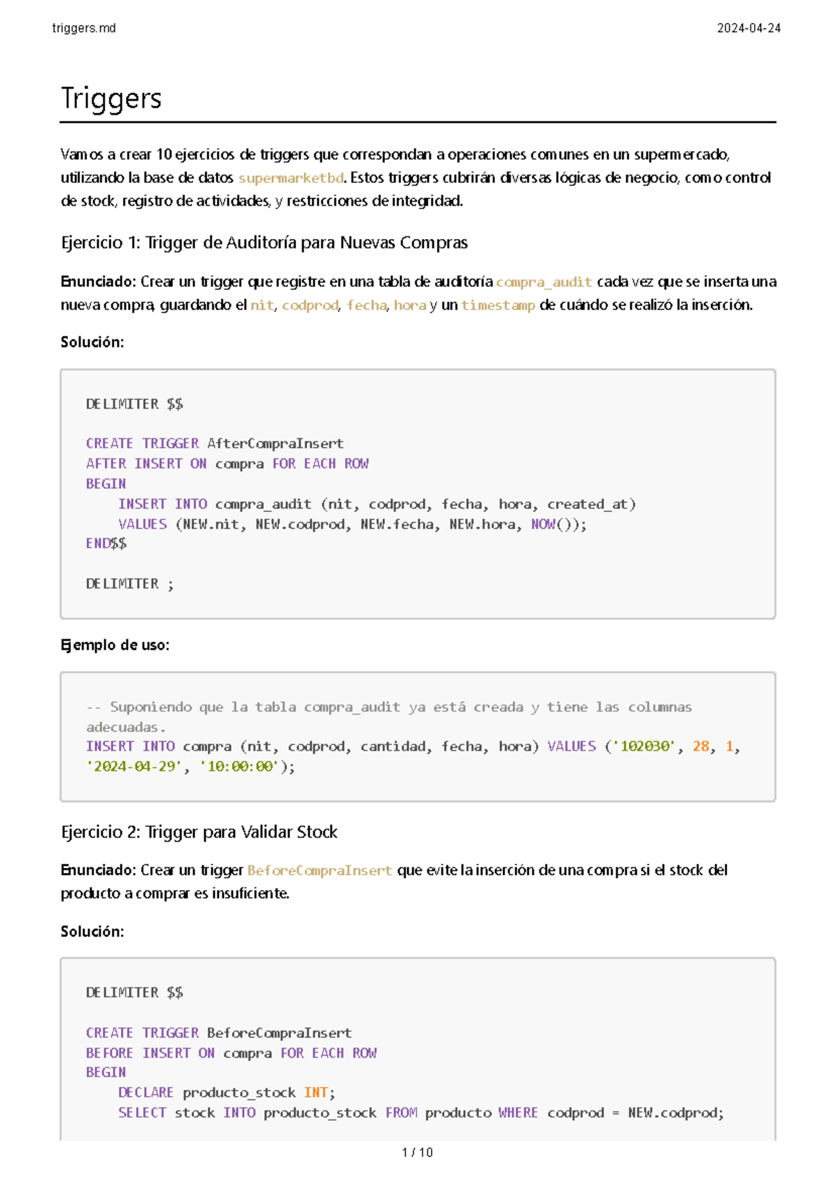 Triggers - Triggers Vamos a crear 10 ejercicios de triggers que correspondan a operaciones ...