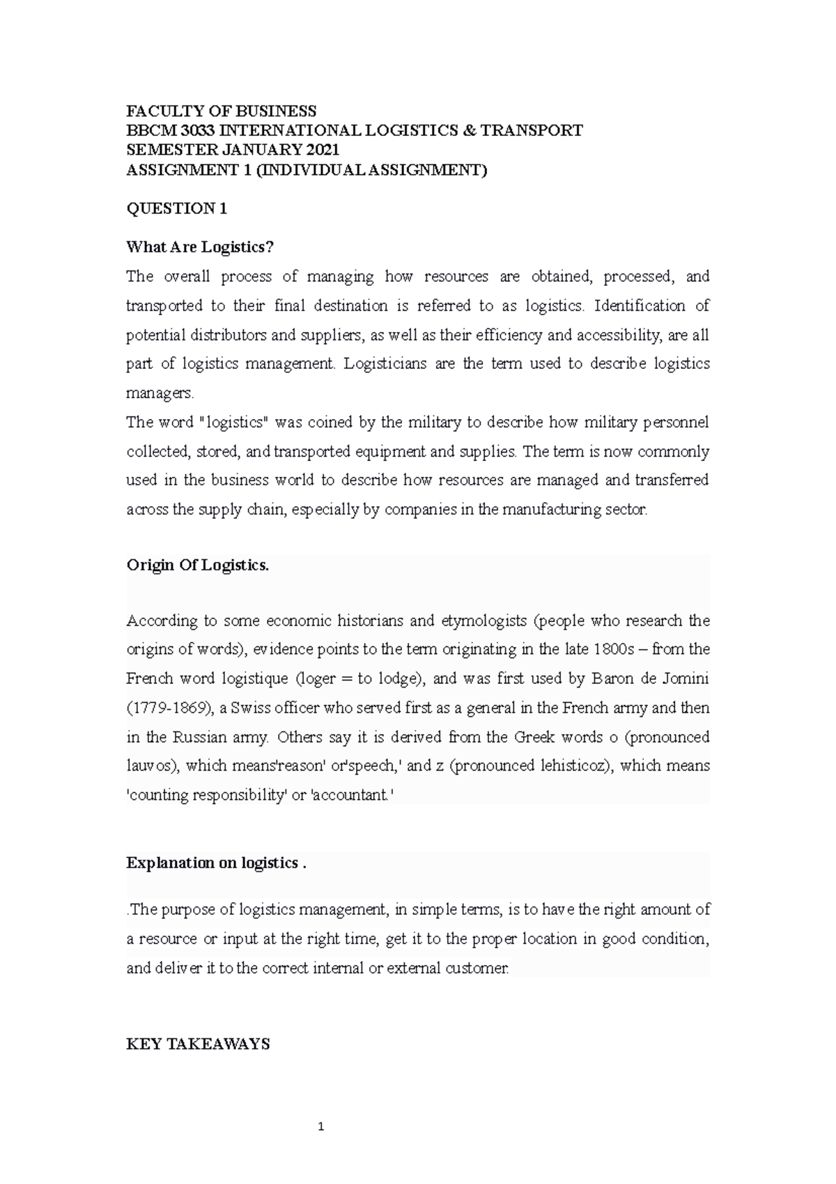 Logistics (assignment 1) - FACULTY OF BUSINESS BBCM 3033 INTERNATIONAL ...
