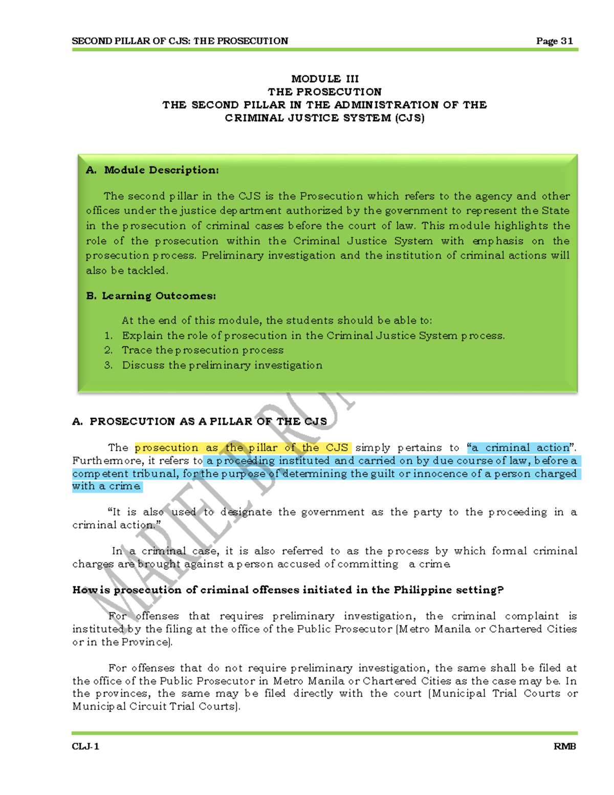 Module 3 - MODULE III THE PROSECUTION THE SECOND PILLAR IN THE ...
