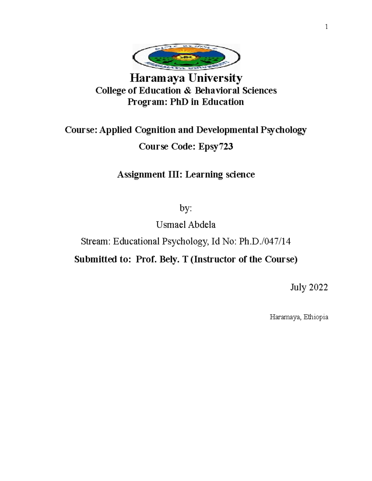 Learning Science Assighenment - Haramaya University College of ...