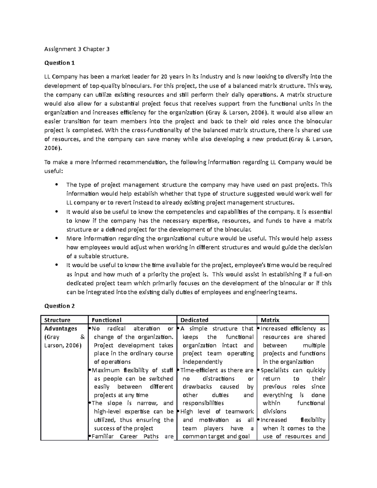 Assignement 3 Chapter 3 - Assignment 3 Chapter 3 Question 1 LL Company ...