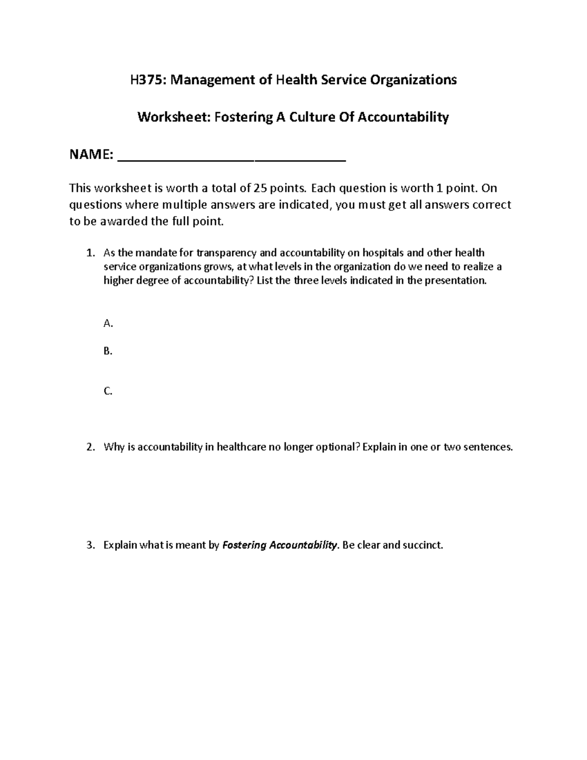 Worksheet - Fostering A Culture Of Accountability - H375: Management of ...