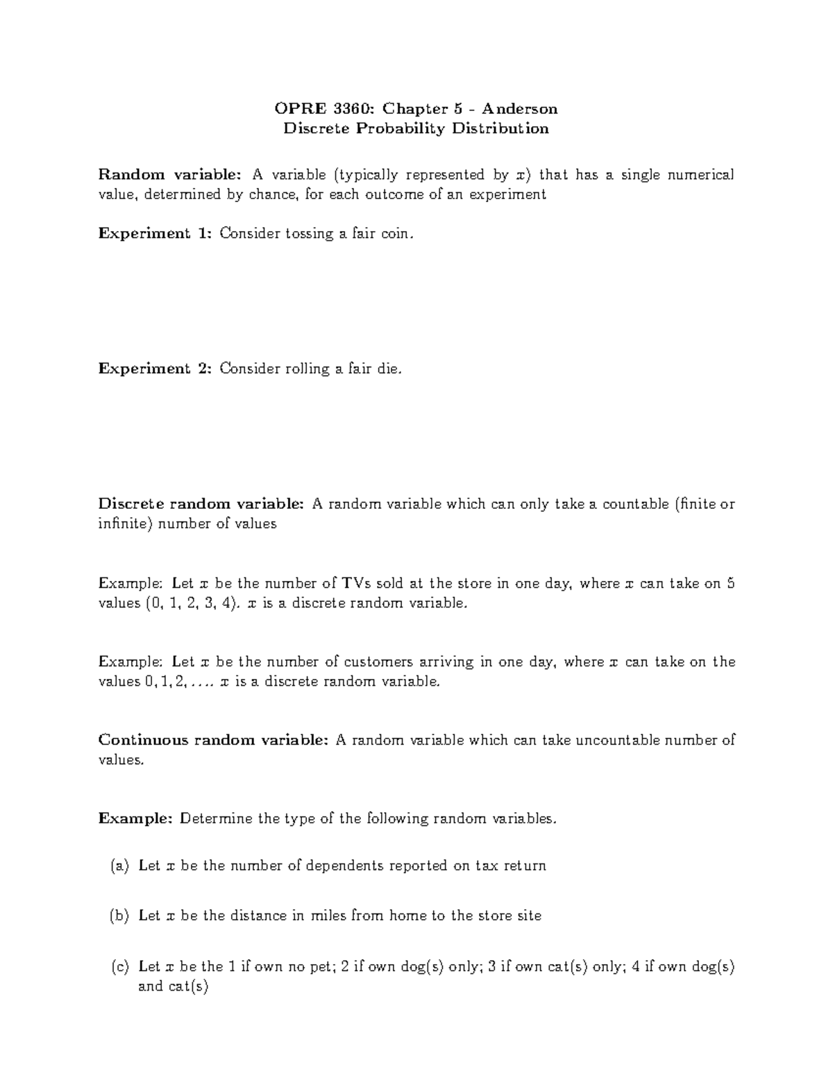 Lecture 5 - N/A - OPRE 3360: Chapter 5 - Anderson Discrete Probability Distribution Random ...