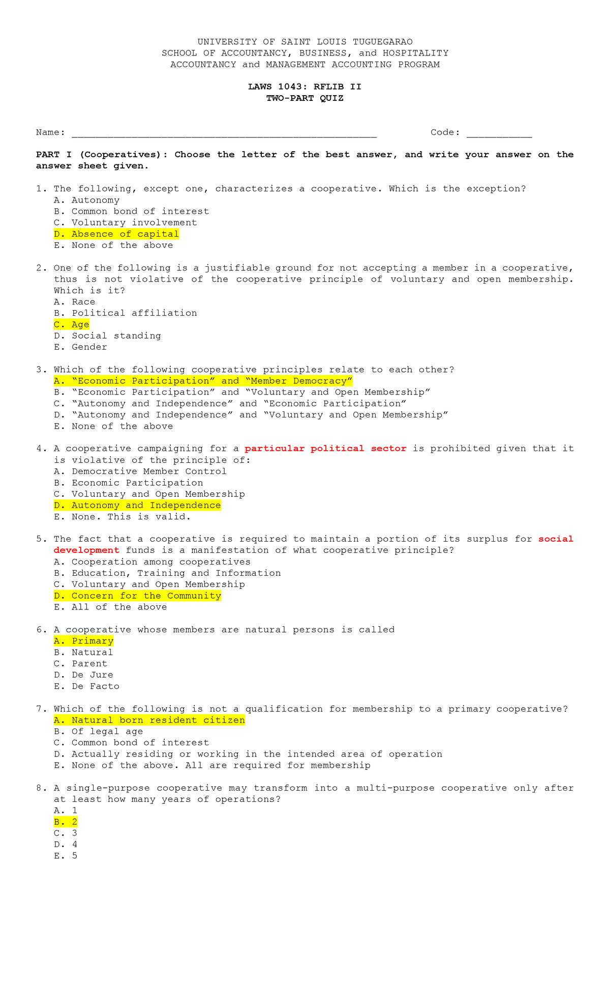 Q1-Answers - ueuei kw - UNIVERSITY OF SAINT LOUIS TUGUEGARAO SCHOOL OF ...