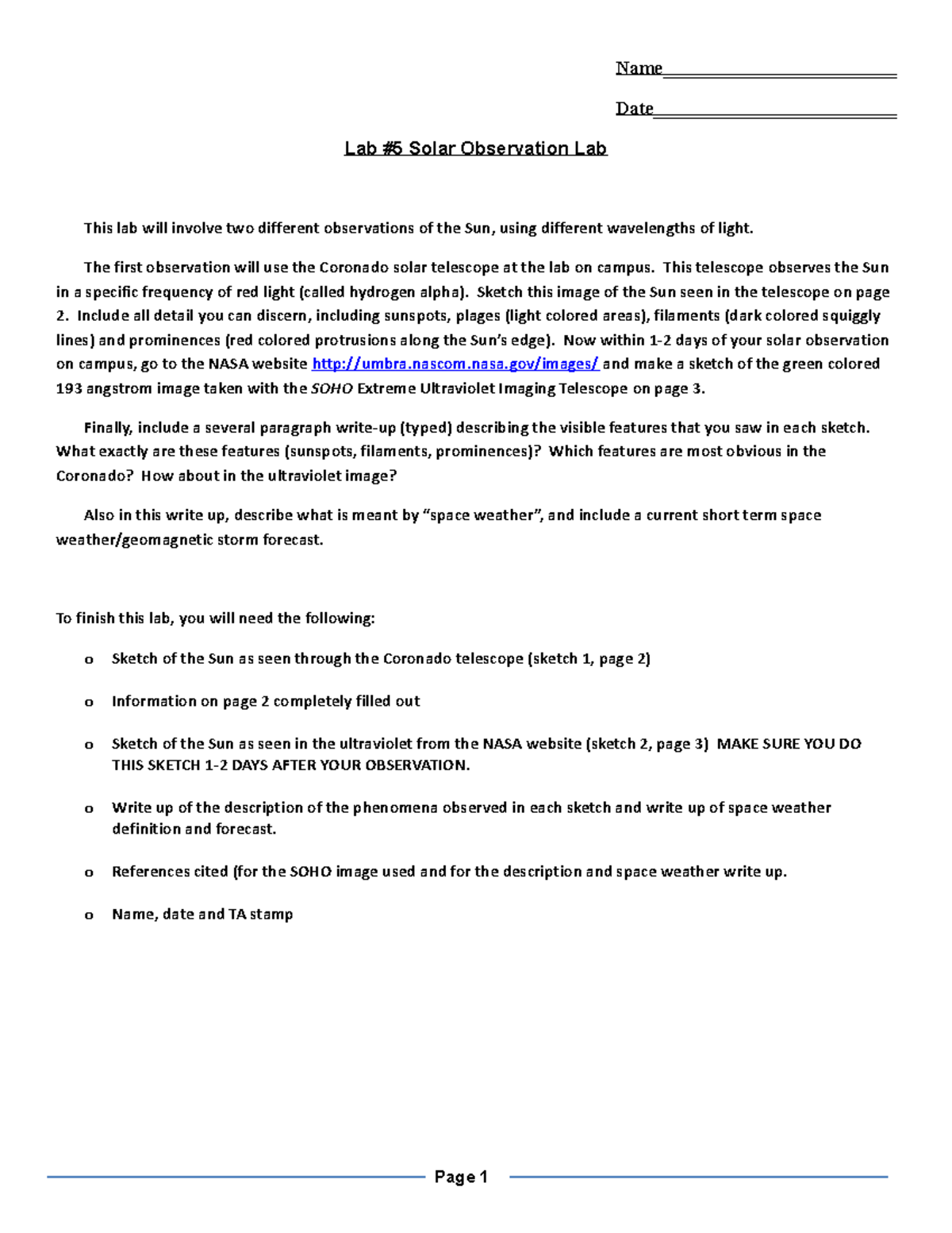 Lab #5 Solar (AST 101) - Assignment for the class that the teacher gave ...