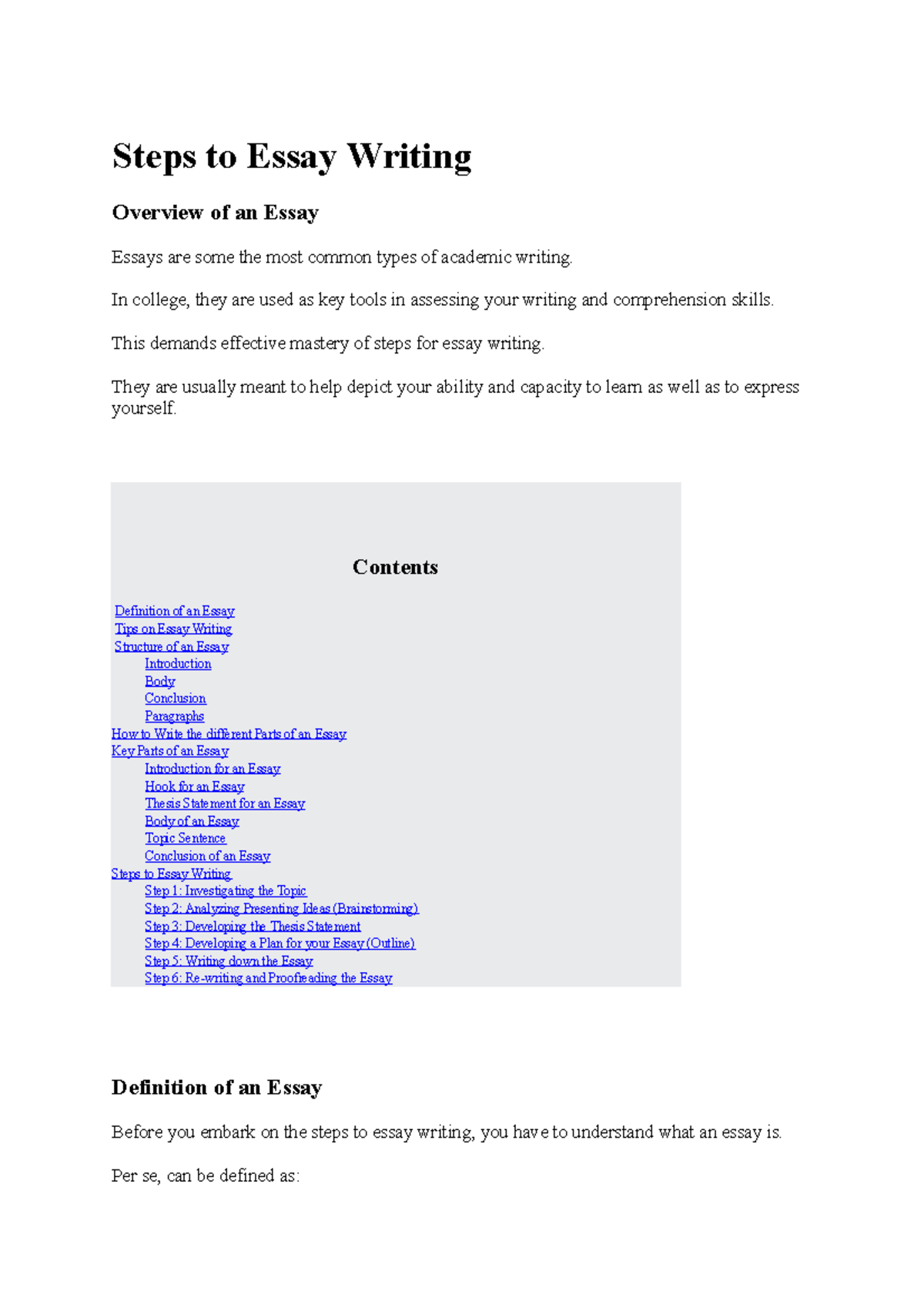 Steps to Essay Writing - Lecture note - Steps to Essay Writing Overview ...
