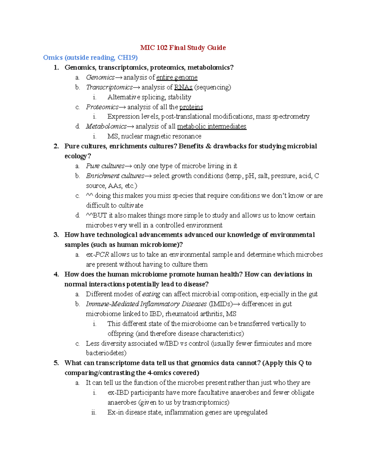 MIC Final SG - **MIC 102 Final Study Guide Omics (outside reading, CH19 ...