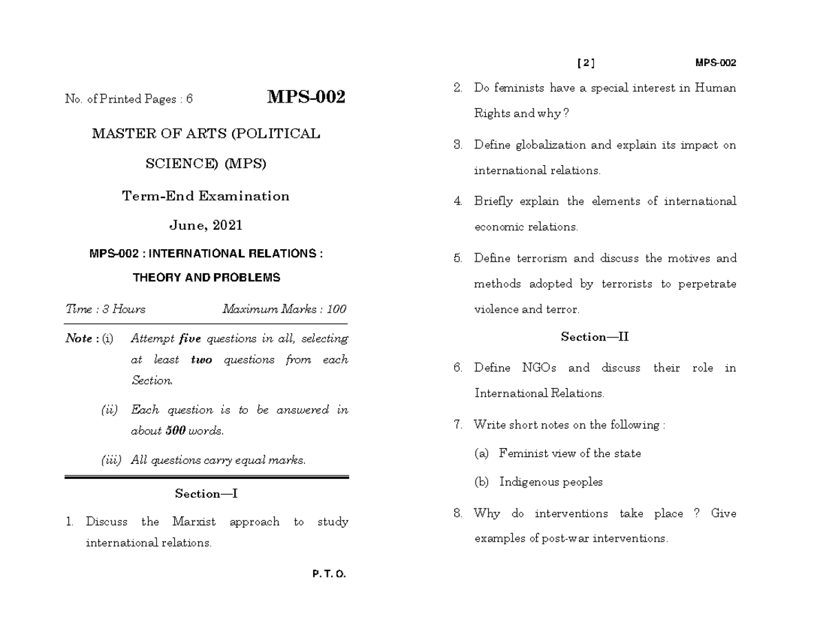 MPS-002 - course - P. T. O. No. of Printed Pages : 6 MPS- MASTER OF ARTS (POLITICAL SCIENCE ...