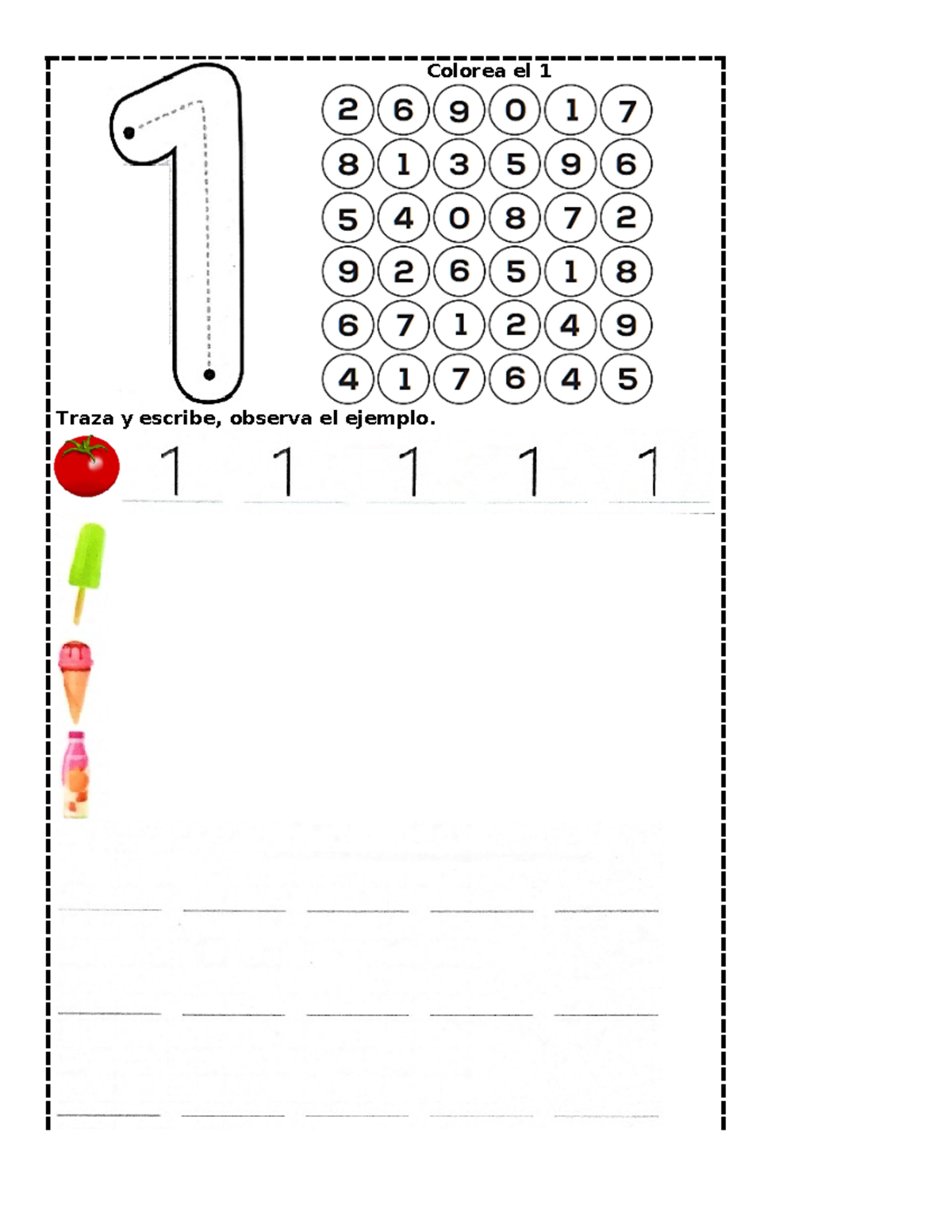 Números del 1 al 20 - Colorea el 1 Traza y escribe, observa el ejemplo ...