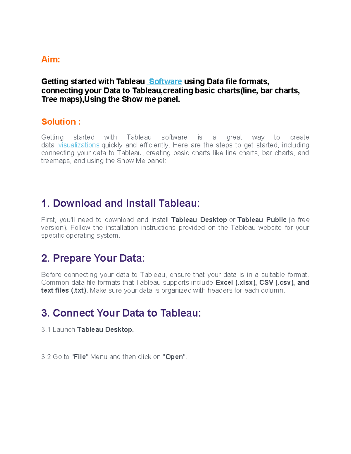 DV week2 - week ps - Aim: Getting started with Tableau Software using Data file formats ...