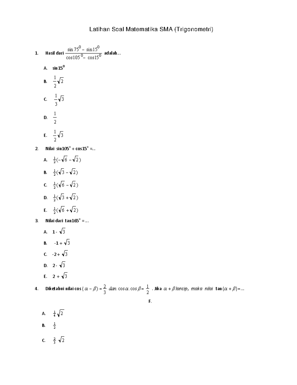 Trigonometric Exercise - LATIHAN PERSIAPAN PAS GANJIL Hasil dari 0 0 0 ...
