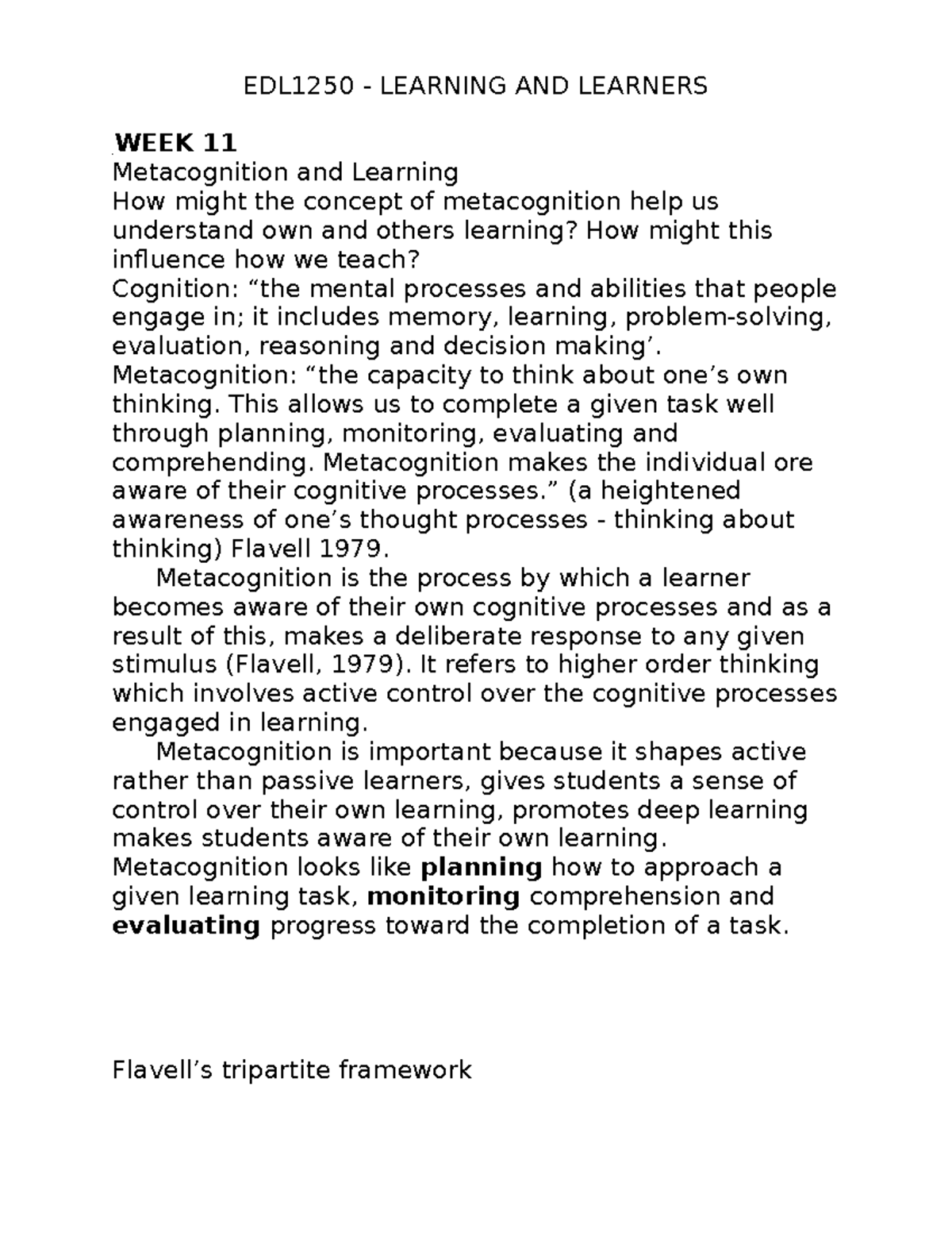 EDL1250 week 11 - Lecture notes 11 - EDL1250 LEARNING AND LEARNERS WEEK ...