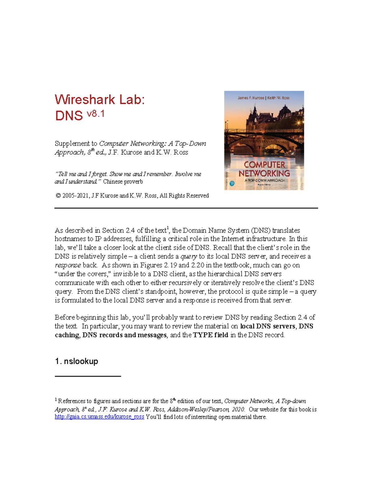 Lab 2 Wireshark Dns V8 Lab2 Wireshark Lab Dns V8 Supplement To Computer Networking A
