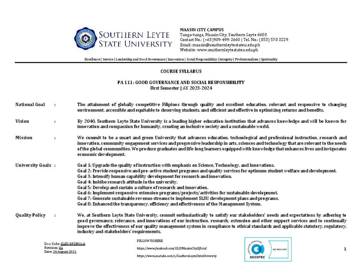 PA-111-Syllabus - Difficult - Doc. Code: SLSU-QF-IN01-A Revision: 01 ...