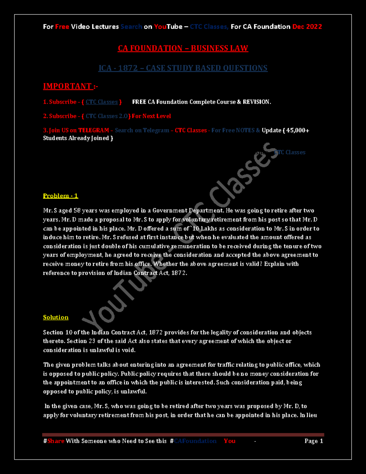 CASE Study ICA 1872 Dec 2022 I CTC Classes - CA FOUNDATION – BUSINESS LAW ICA - 1872 – CASE ...