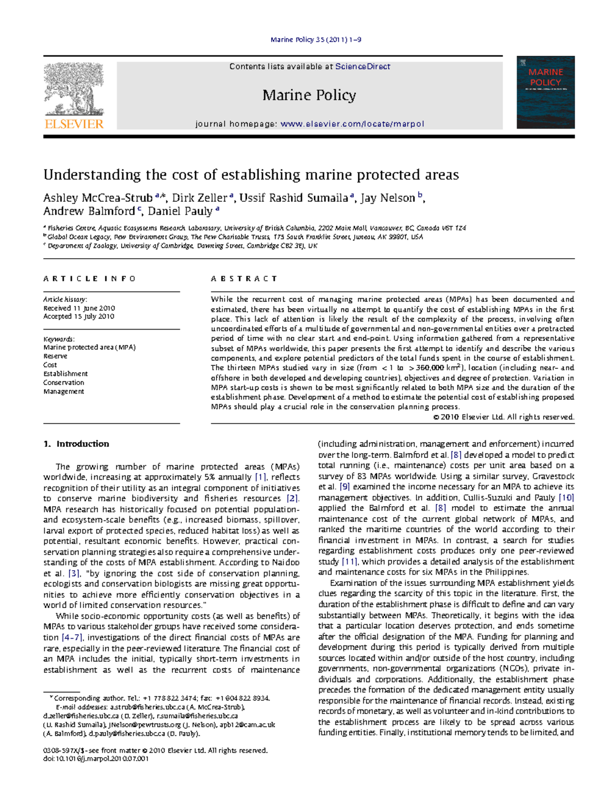 Understanding the cost of establishing marine protected areas - This ...