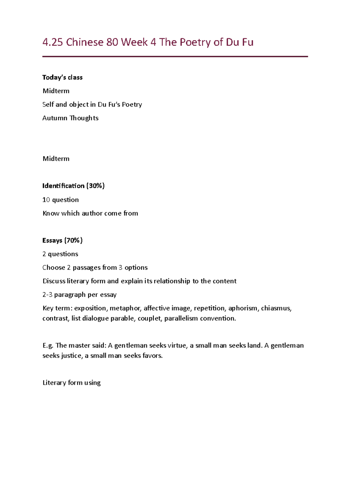 4.25 Chinese 80 Week 4 The Poetry of Du Fu - 4 Chinese 80 Week 4 The ...