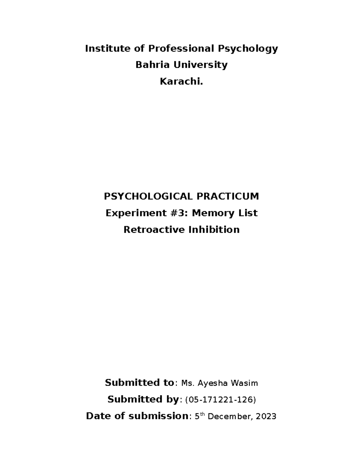 Pschological Practicum Experiment 3 - Institute of Professional ...