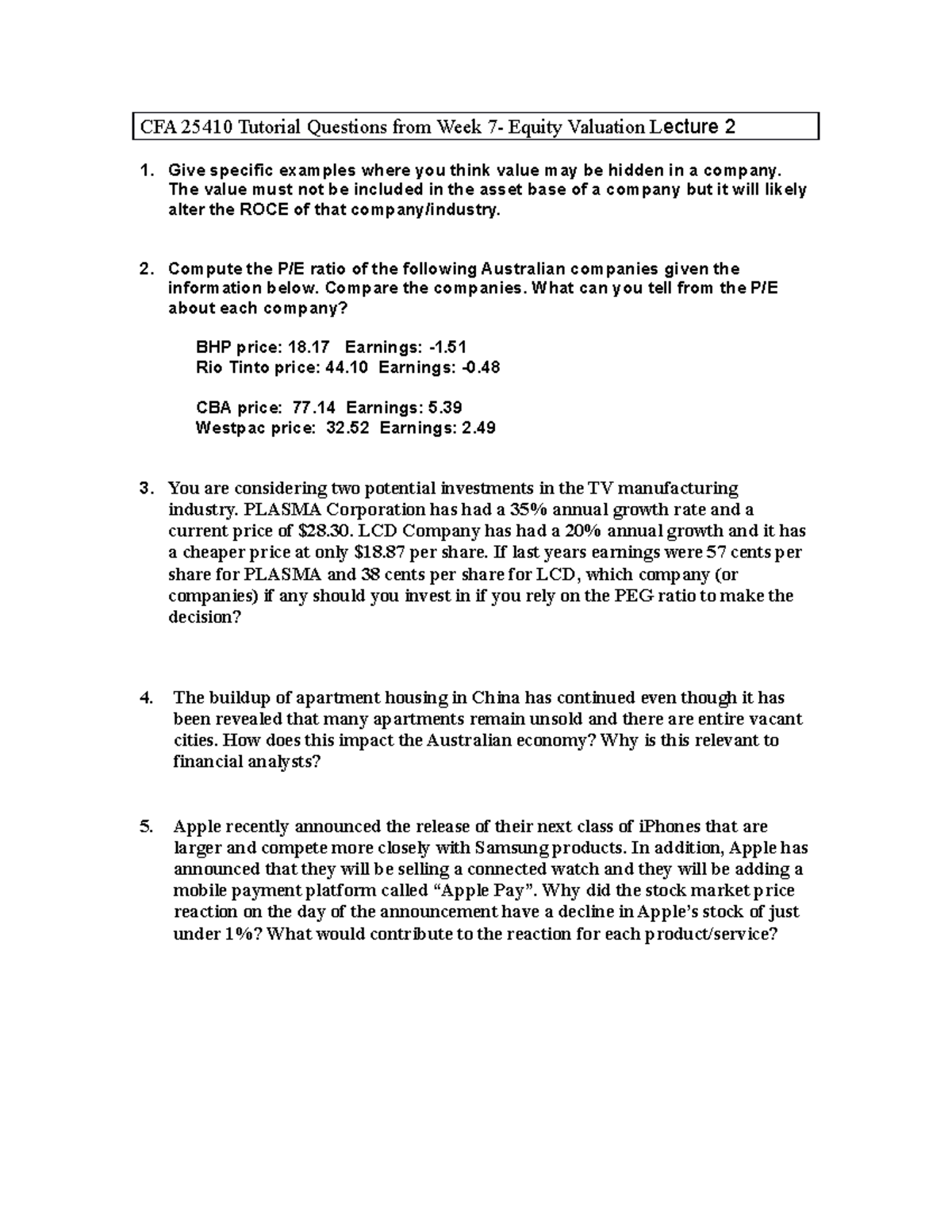 25410 CFA tutorial Questions W7 Valuation 2 - CFA 25410 Tutorial Questions from Week 7- Equity ...