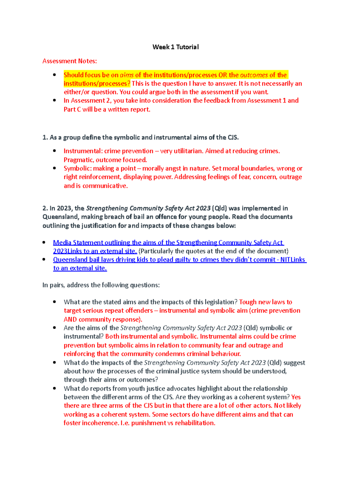 JSB173 Week 1 Tutorial - Week 1 Tutorial Assessment Notes: Should focus ...