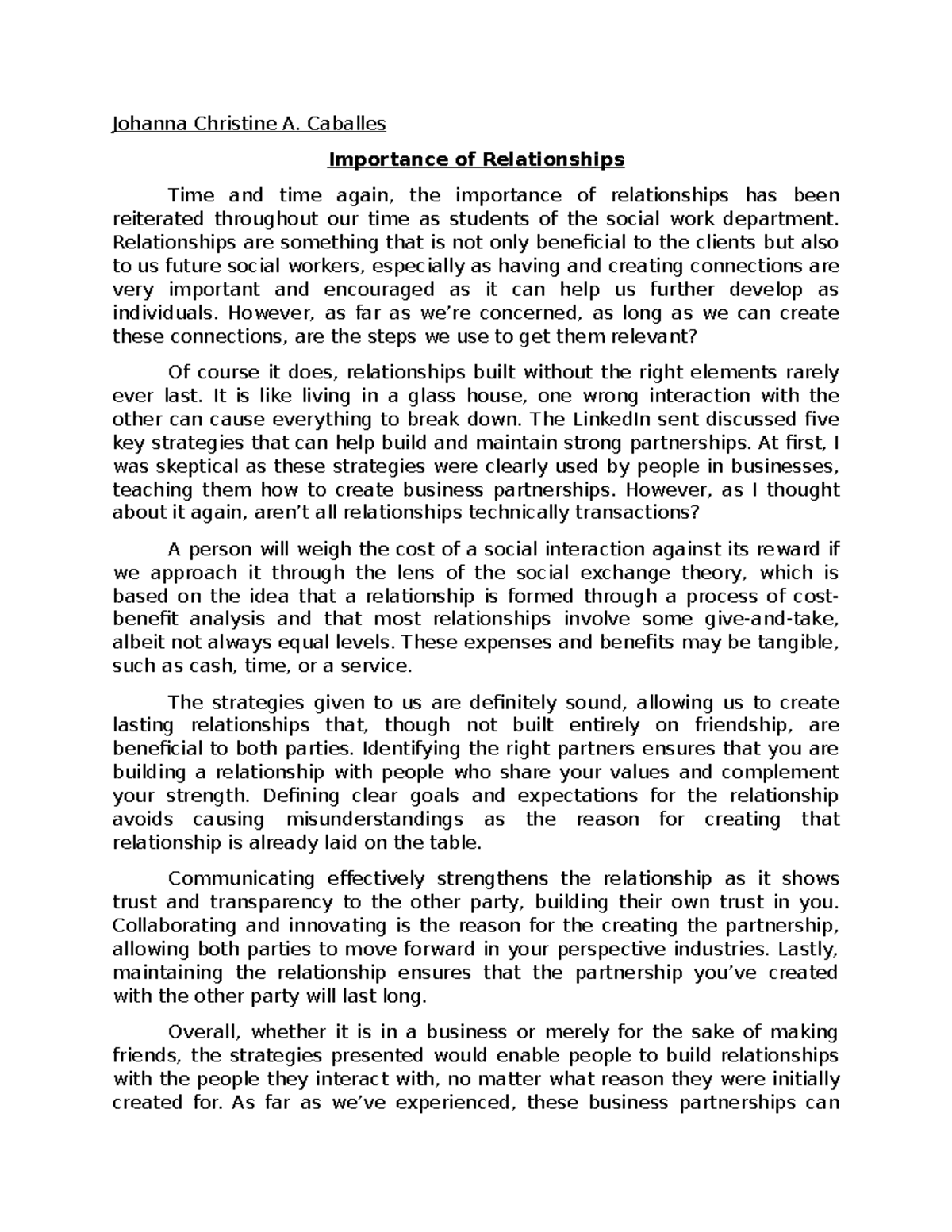 Reaction Paper on Importance of Relationships - Johanna Christine A ...