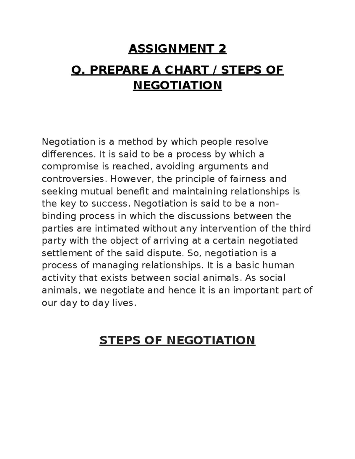 ADR Assignment 2 Steps OF Negotiation - ASSIGNMENT 2 Q. PREPARE A CHART ...