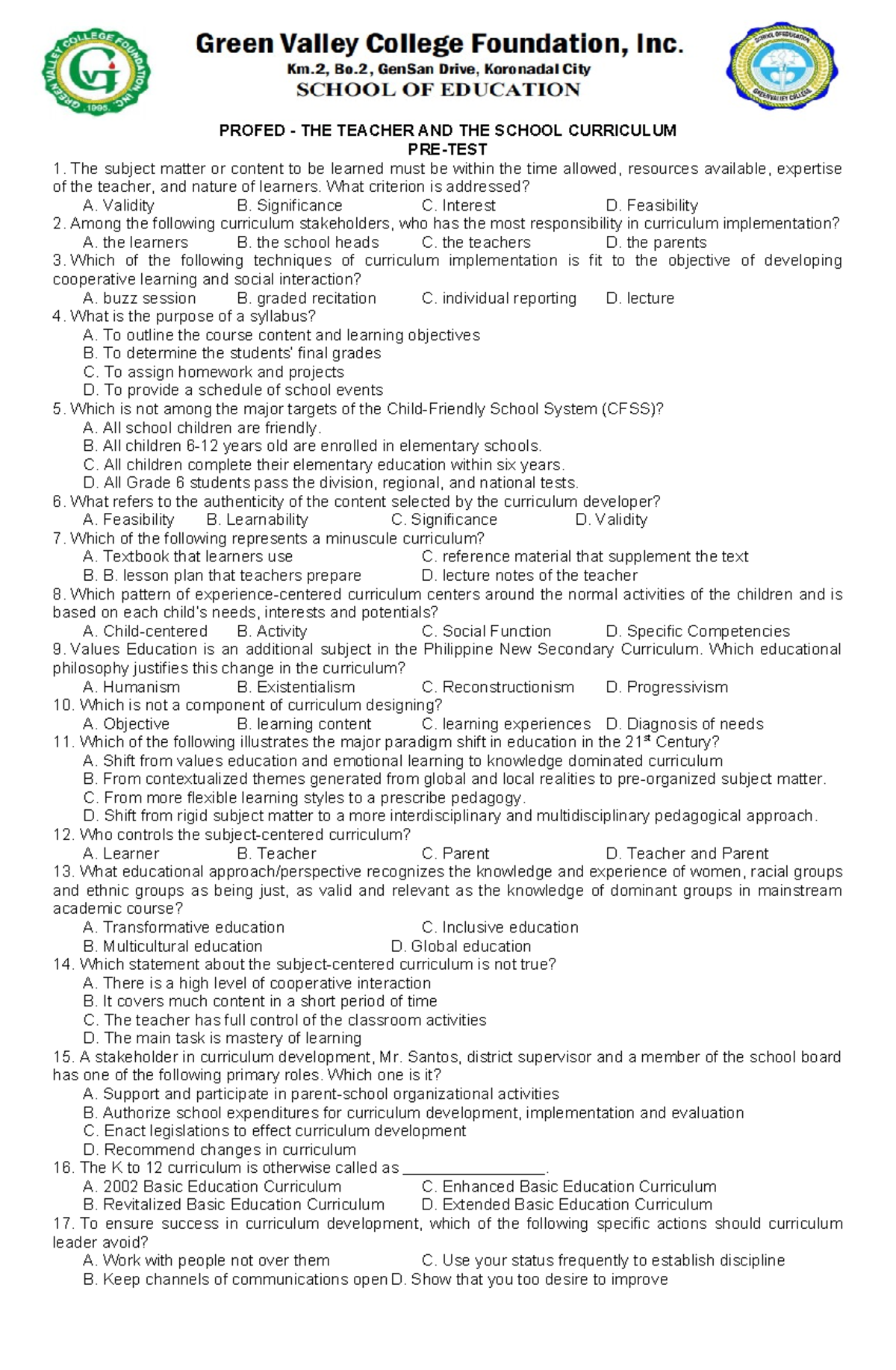 Profed Teacher and the School Curriculum PRE TEST - PROFED - THE ...