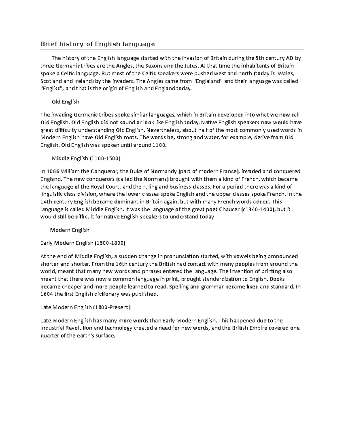 Brief history of English language - At that time the inhabitants of ...