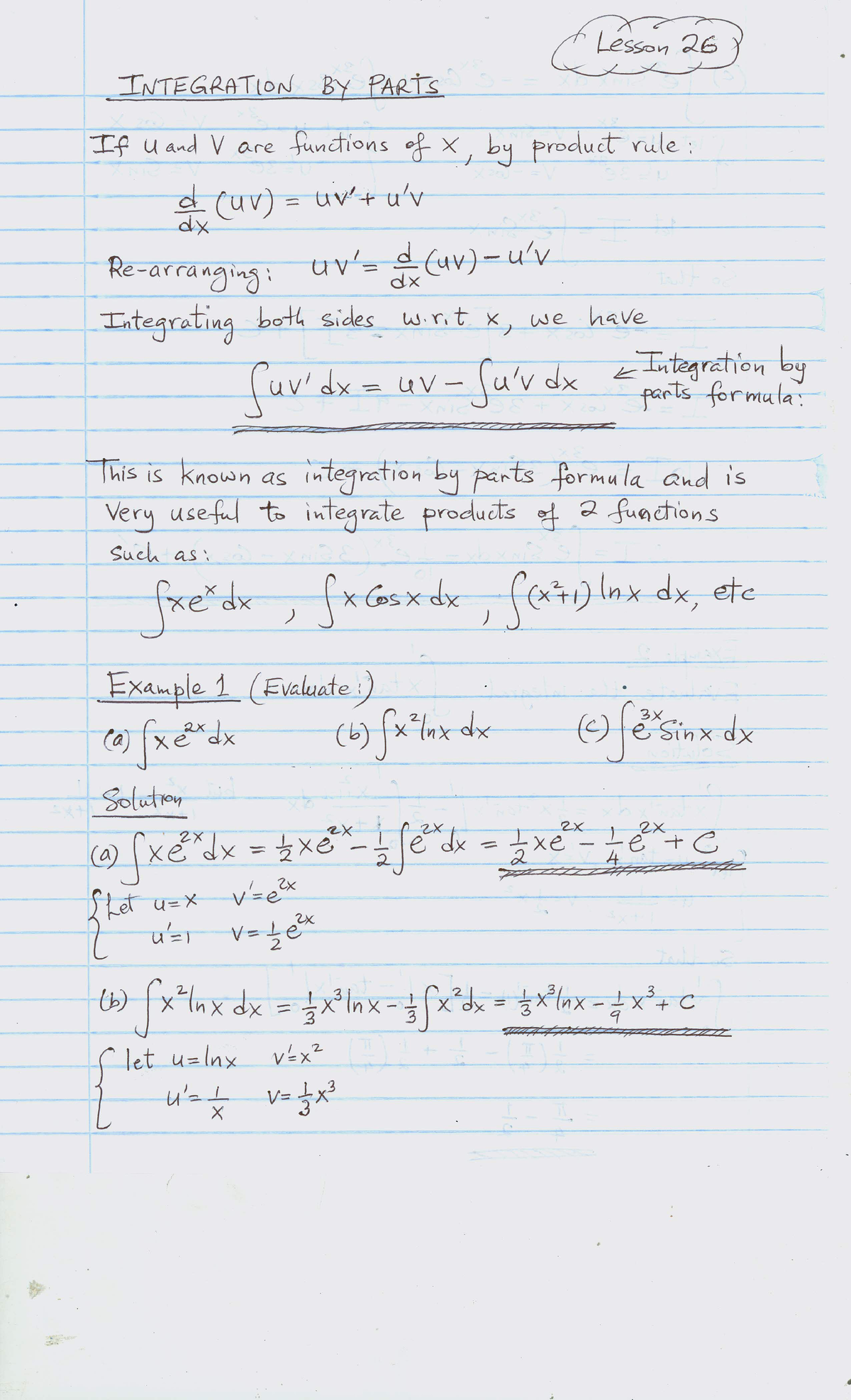 Lesson 26 Integration by parts - Lesson 26 INTEGRATION BY PARTS If u ...