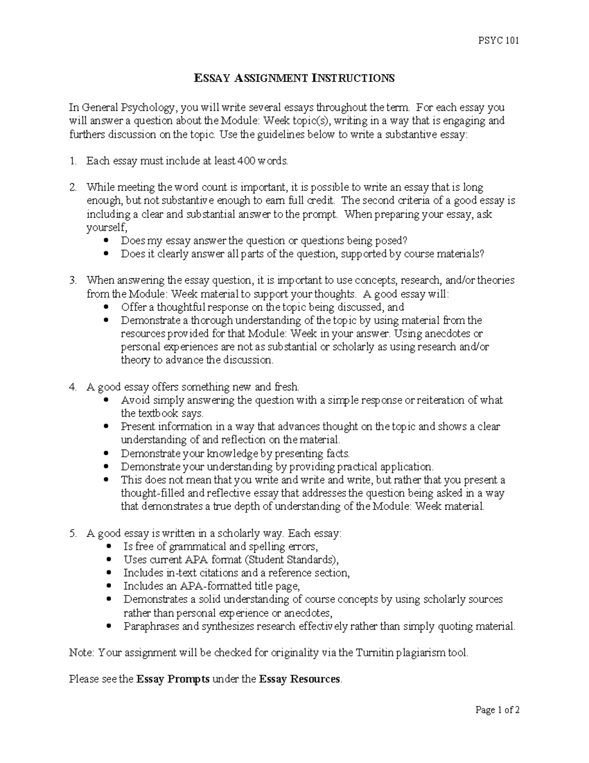 Essay Assignment Instructions - PSYC 101 ESSAY ASSIGNMENT INSTRUCTIONS In General Psychology ...