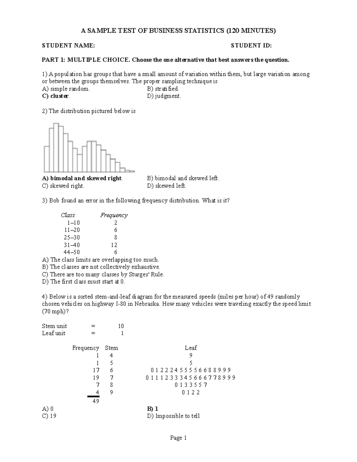 Final exam - A SAMPLE TEST OF BUSINESS STATISTICS (120 MINUTES) STUDENT ...
