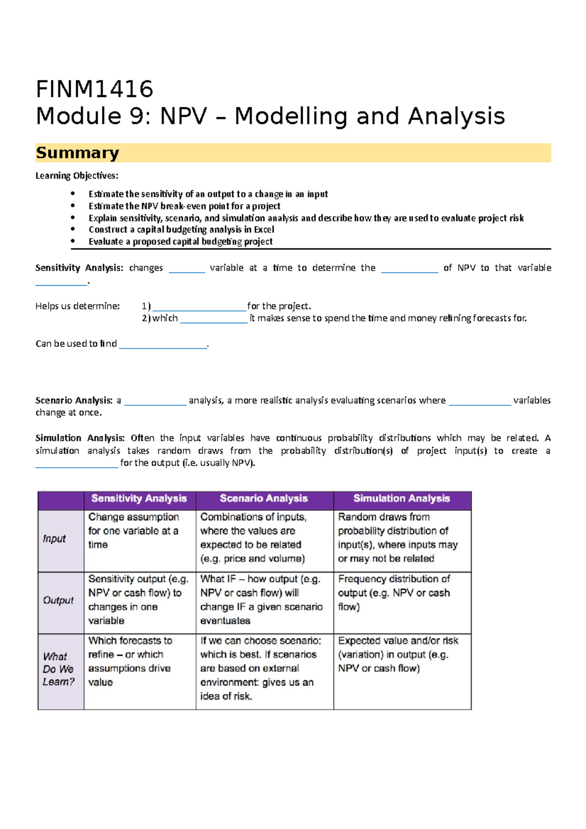 Tutorial 9 Handout-Students - FINM Module 9: NPV – Modelling and ...