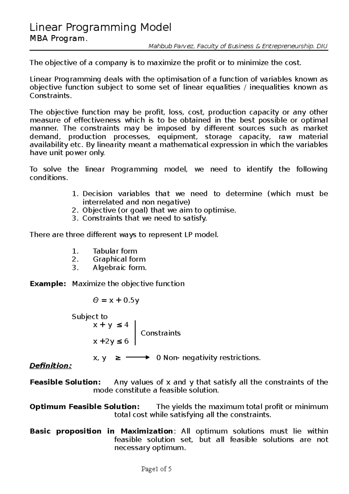 LP Model - vbcvbcvb - MBA Program. Mahbub Parvez, Faculty of Business ...